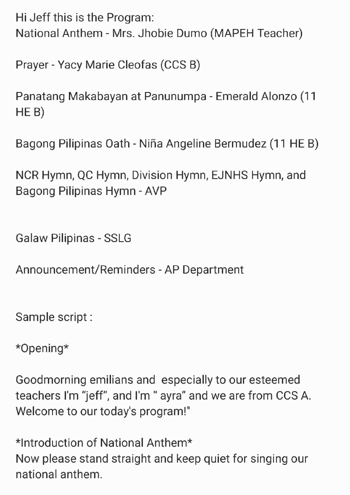 Emcee Script for Flag Ceremony - CS 241020 212633 - Studocu