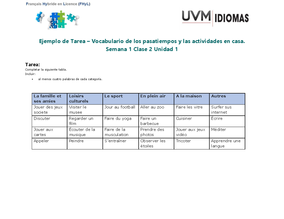 Tarea de Vocabulario: Pasatiempos y Actividades en Casa - Semana 1 ...
