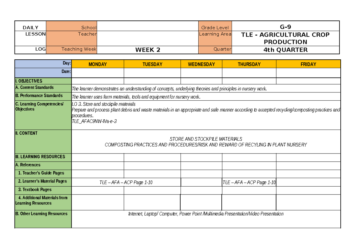 W2 TLE Lesson on Agricultural Crop Production - 4th Quarter - Studocu
