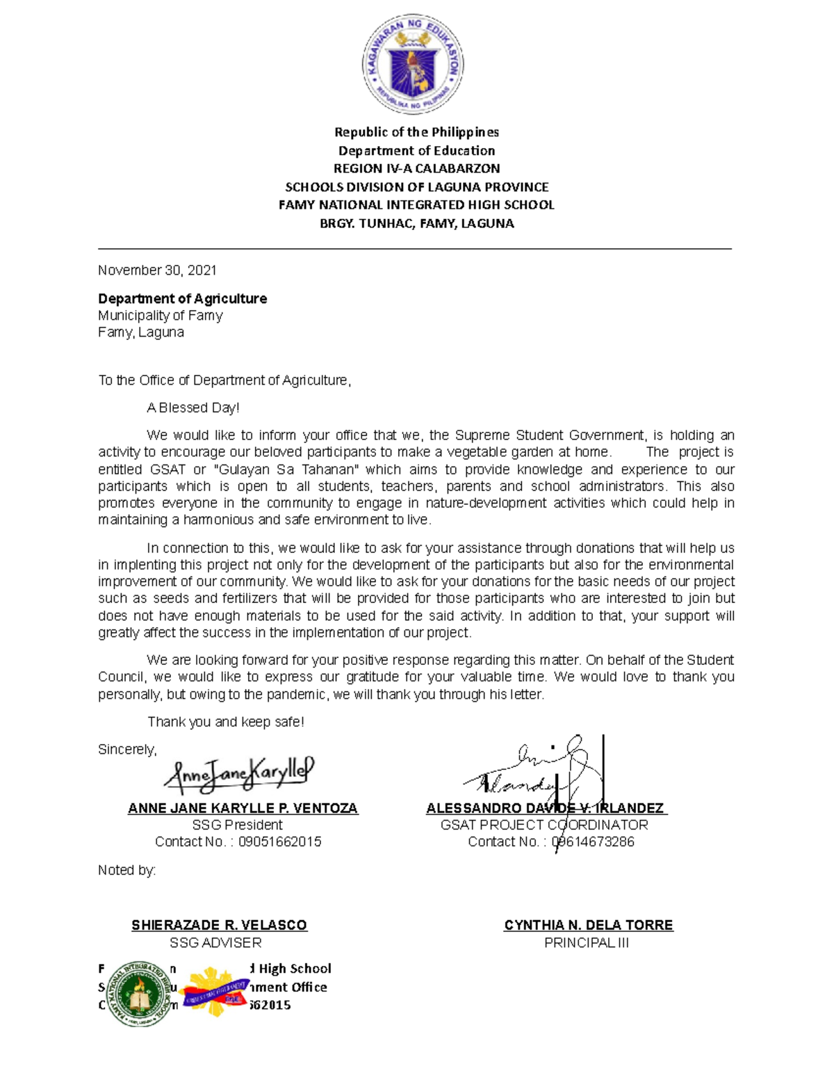 Request Letter for Donations for GSAT Project - Dept. of Agriculture ...