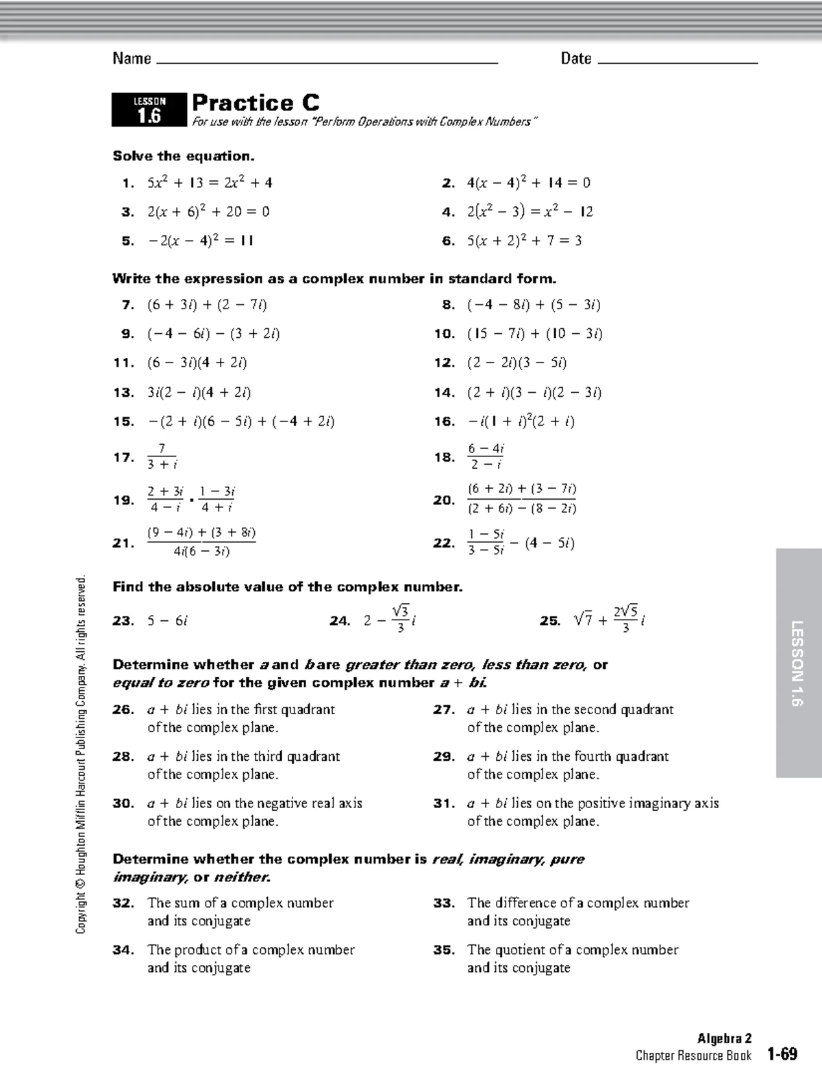 Algebra 2 Lesson 1.1 Date Practice C: Quadratic Functions Graphing ...