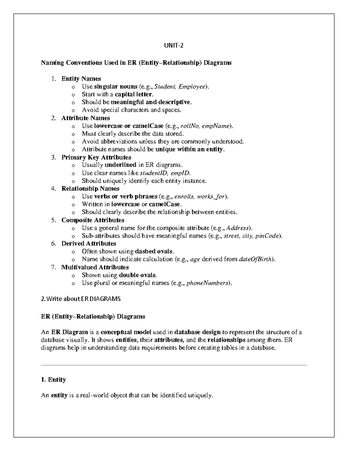 RDBMS UNIT-2: Naming Conventions & ER Diagrams Overview - Studocu