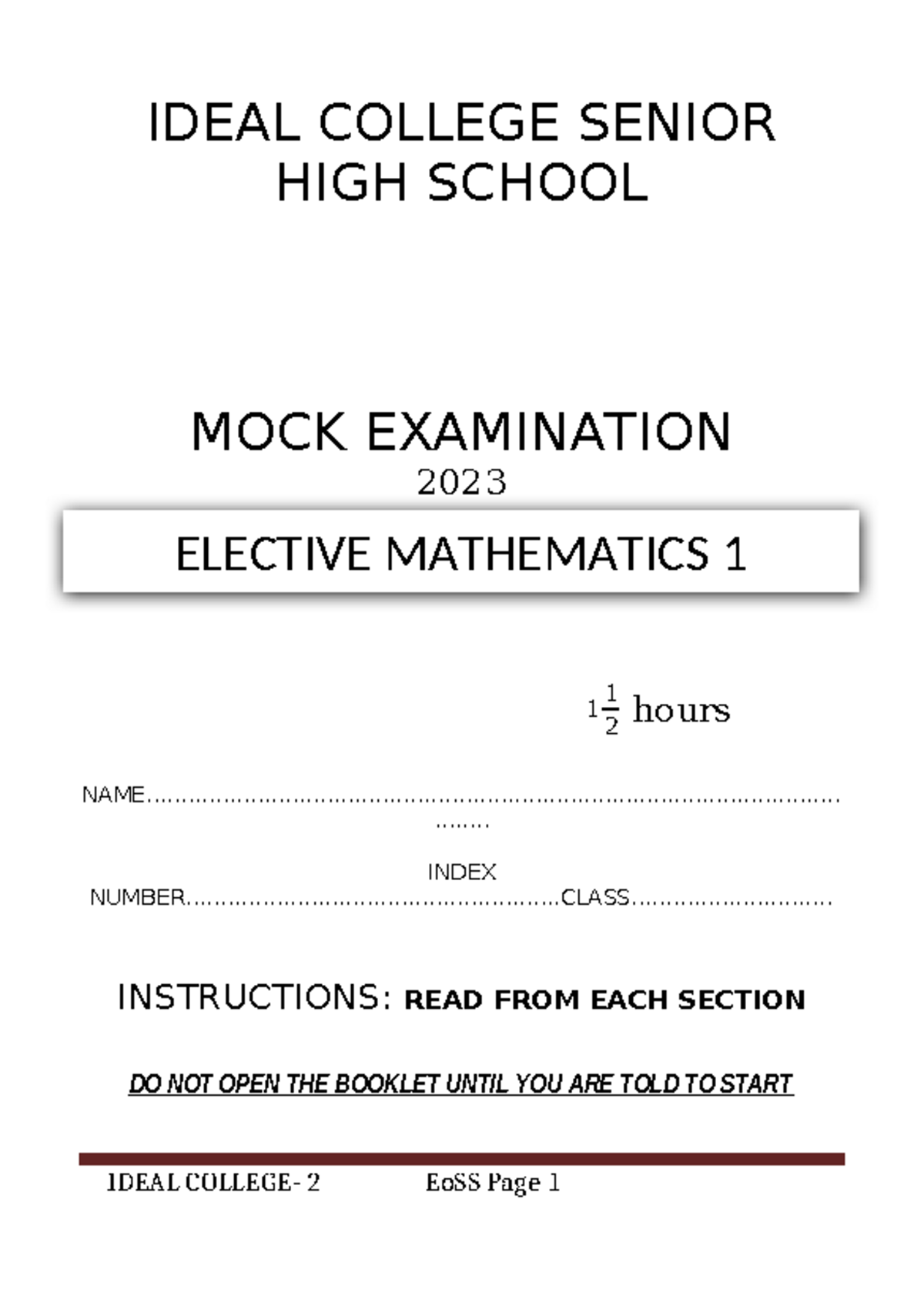 IDEAL 2 EoSS Mock Examination 2023: Elective Mathematics Paper 1 - Studocu