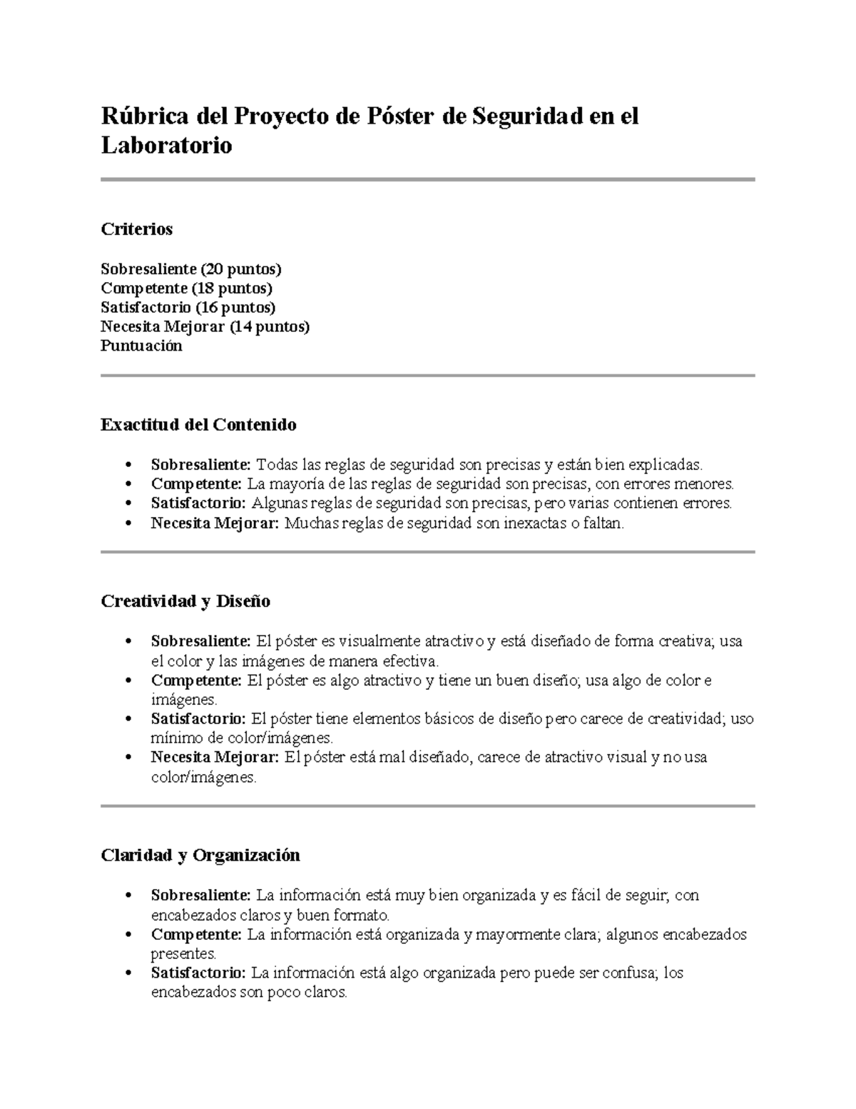 Rúbrica del Proyecto de Póster de Seguridad en el Laboratorio - Studocu
