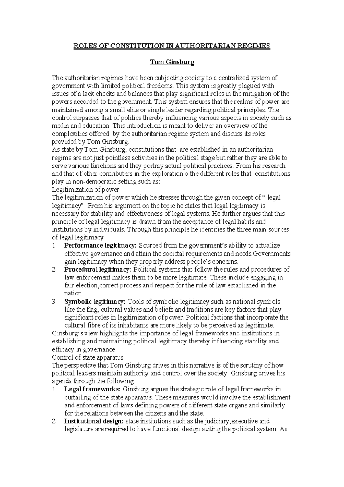 Constitutional Law CAT 1: Roles of Constitutions in Authoritarian ...