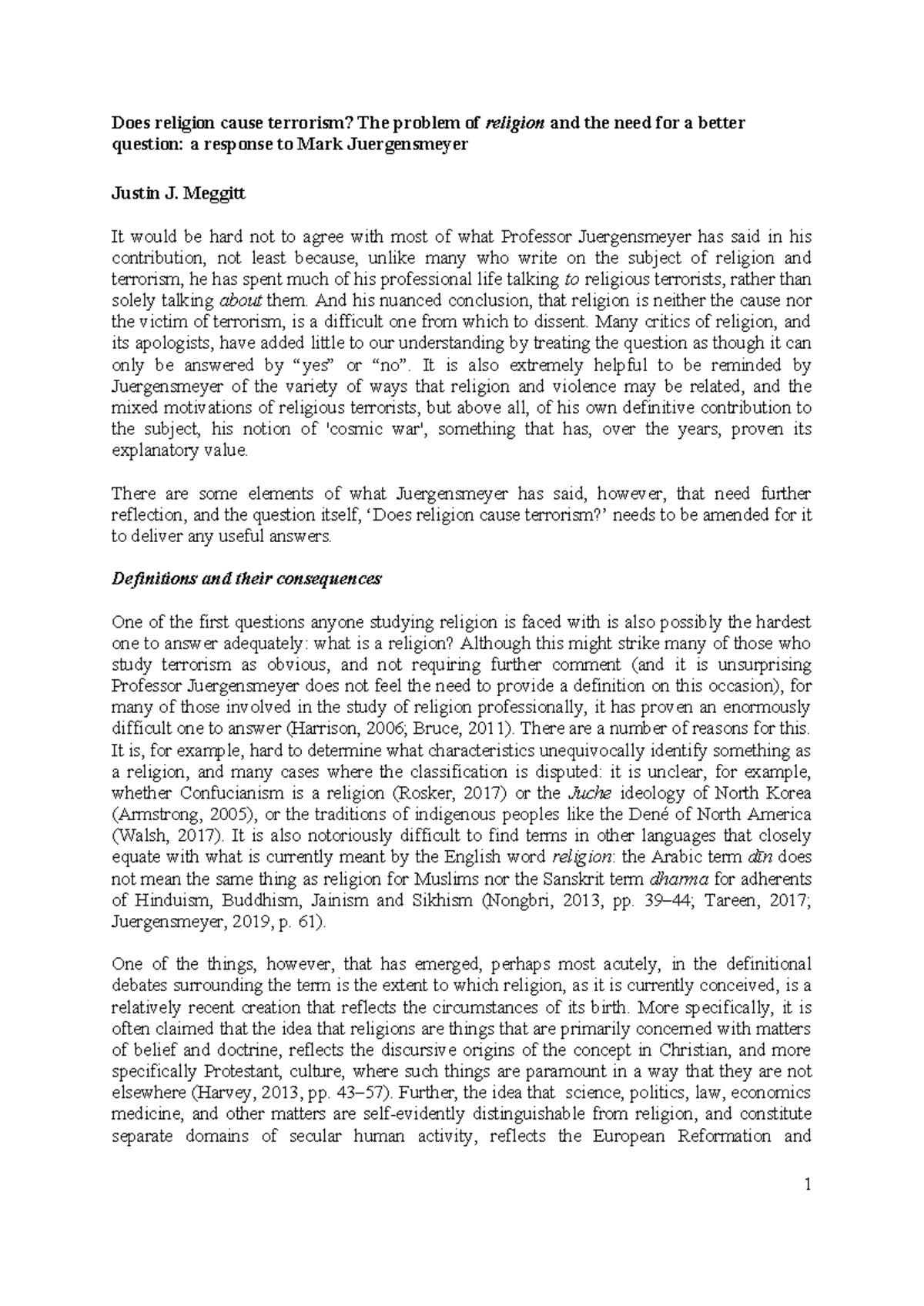 Rethinking Religion and Terrorism: A Response to Juergensmeyer - Studocu