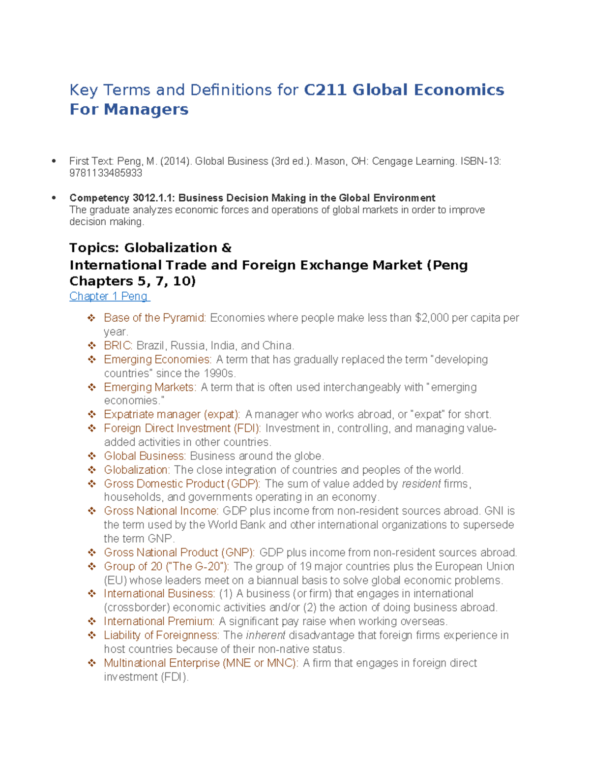 WGU C211 Global Economics Key Terms and Definitions - Studocu