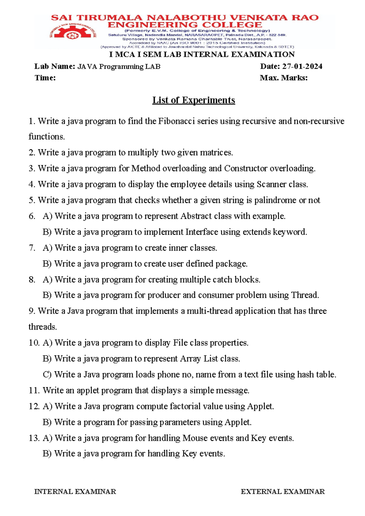 Java Lab I MCA I Sem Internal Exam Question Paper - Studocu