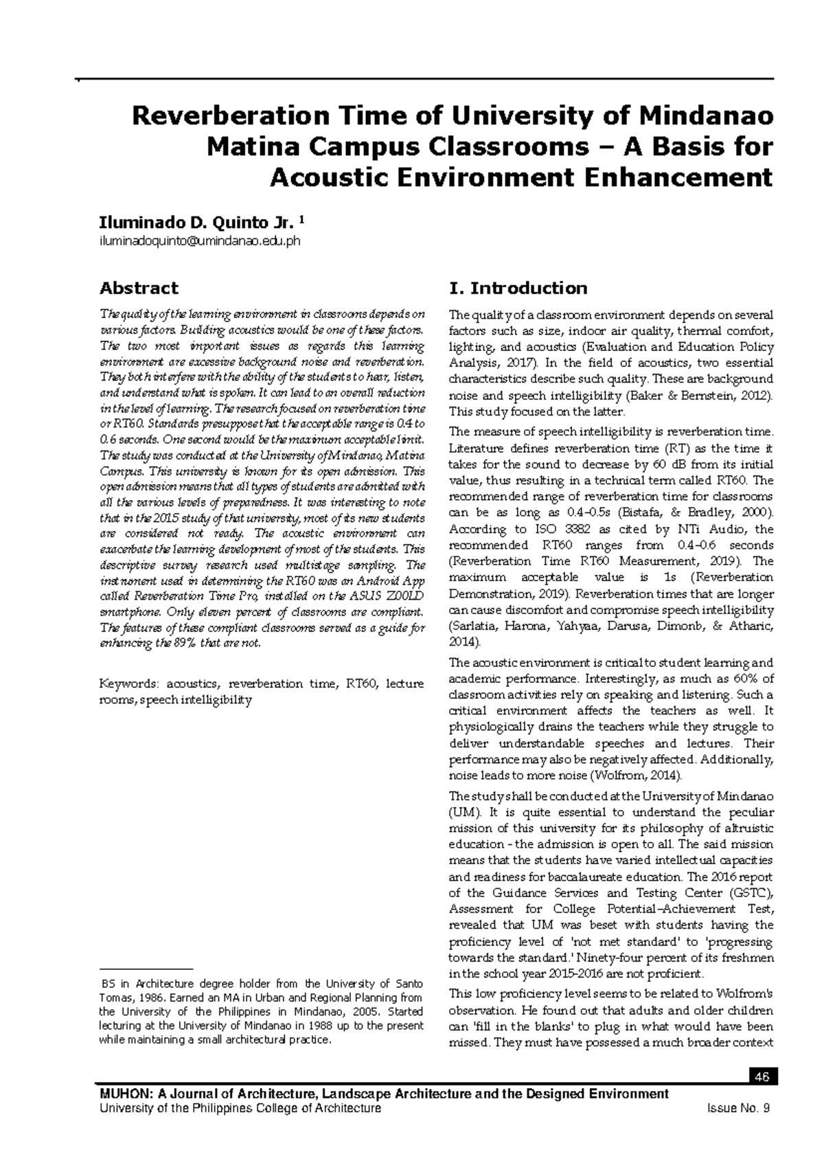 RT60 Study of UM Matina Classrooms: Enhancing Acoustic Environment ...