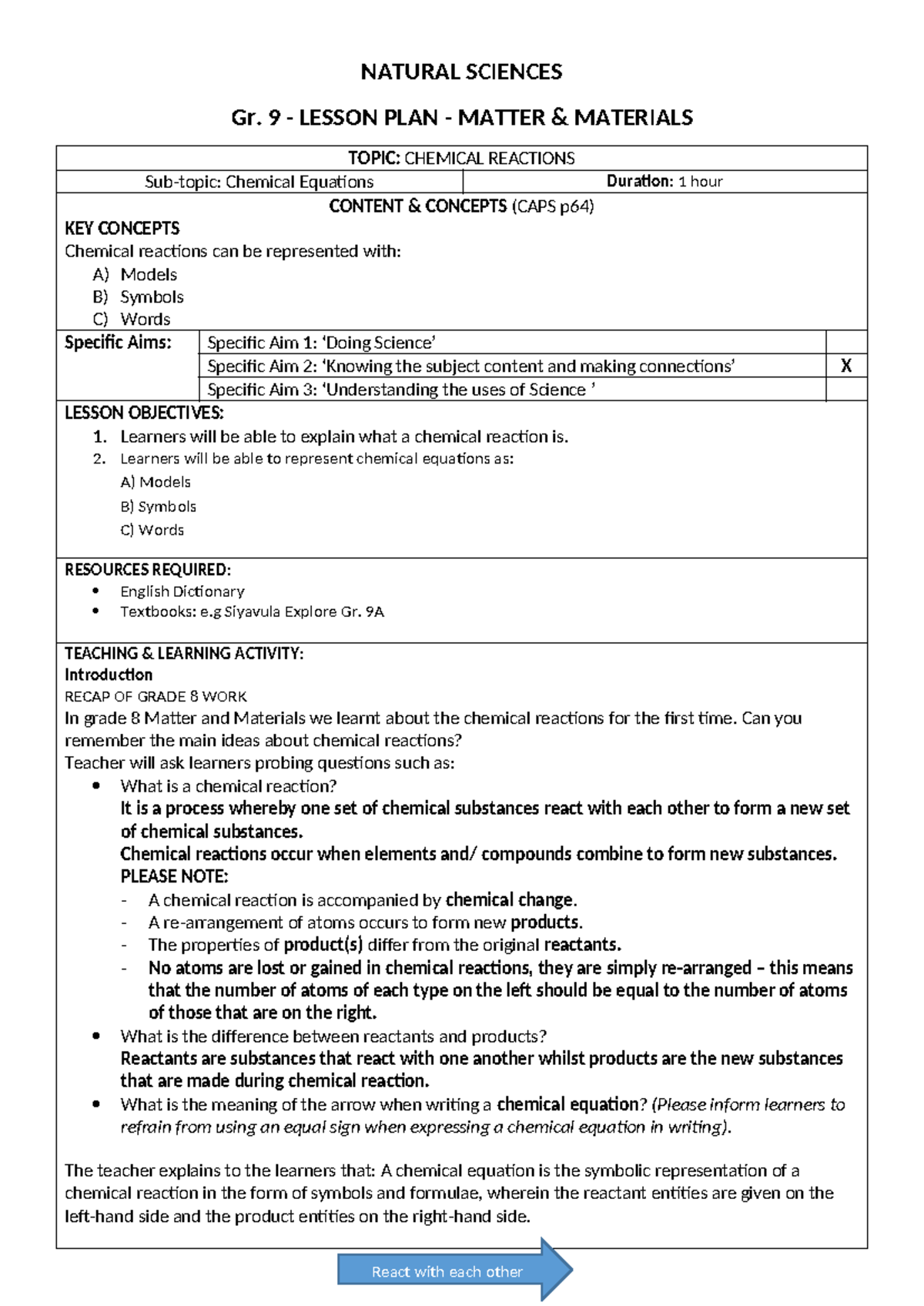 NS Gr. 9 Lesson Plan: Chemical Reactions Activities & Concepts - Studocu
