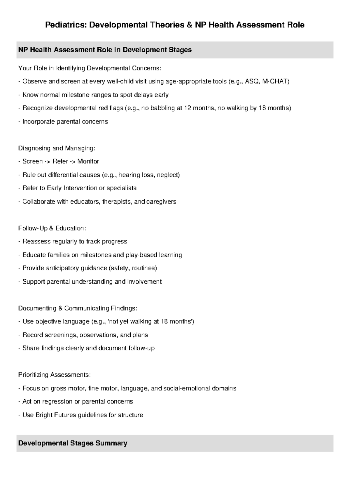 NP Health Assessment: Developmental Theories & Concerns Study Sheet ...