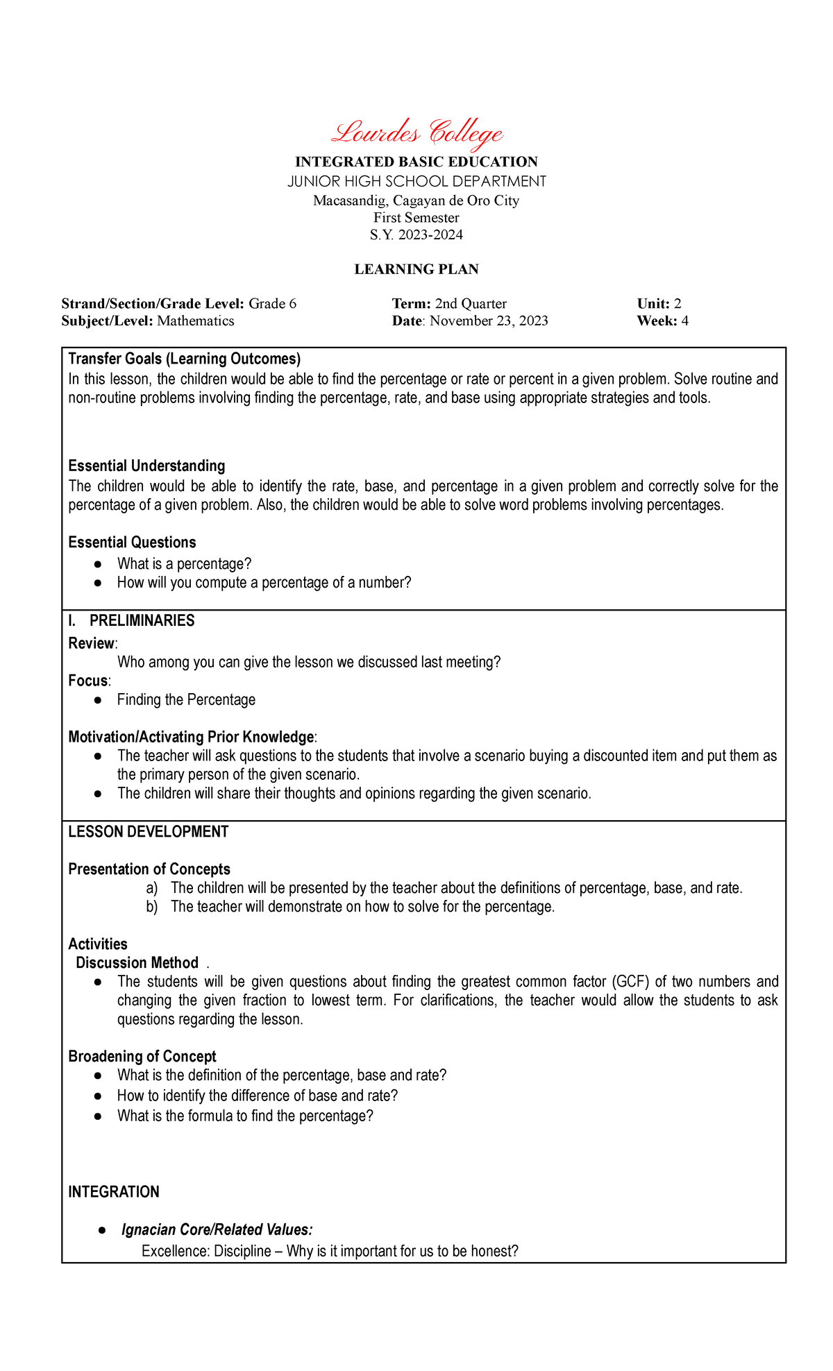 Grade 6 Math Lesson Plan: Finding Percentage - RVM LP - Studocu