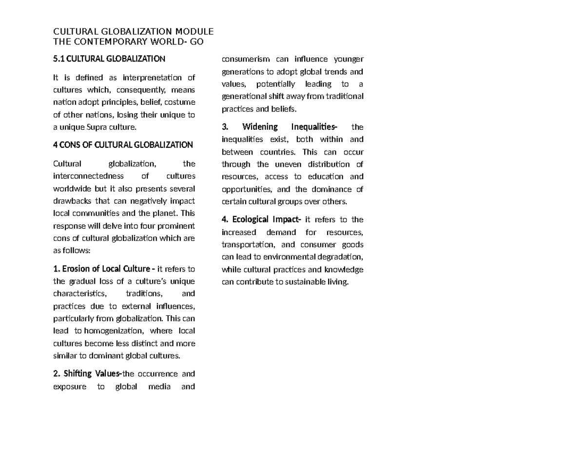 4 Cons of Cultural Globalization - CULTURAL GLOBALIZATION MODULE THE ...