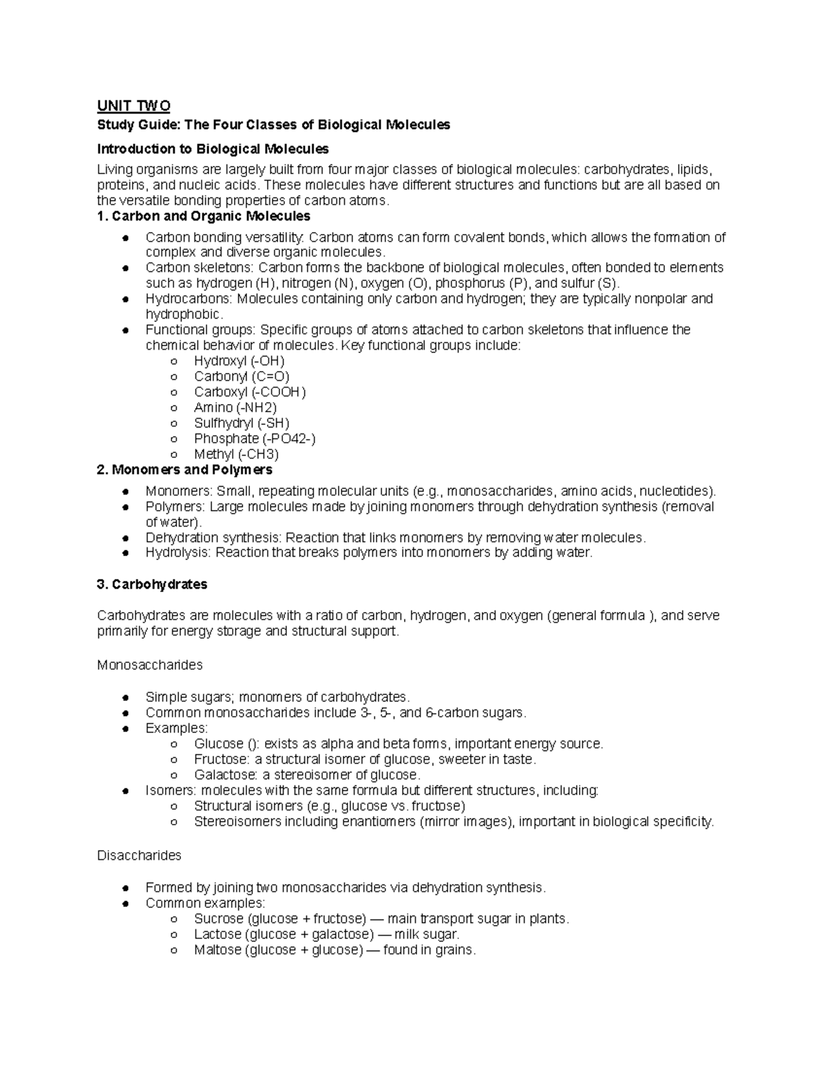 Study Guide: Biological Molecules Overview - Studocu