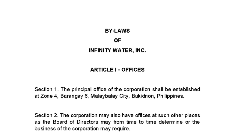 Bylaws of Infinity Water, Inc. - Corporate Governance Guidelines - Studocu