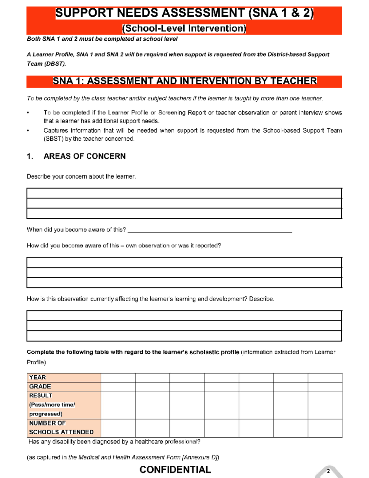Support Needs Assessment (SNA 1 & 2) Intervention Form Guide - Studocu