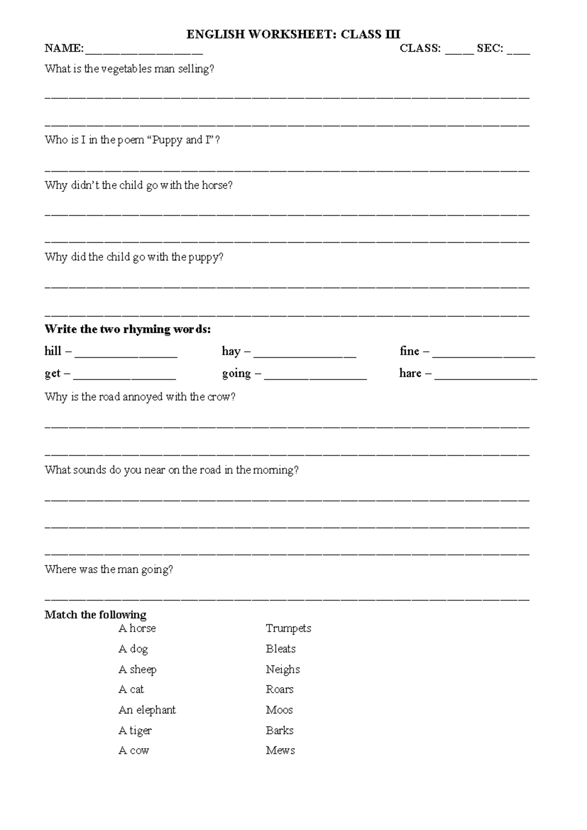English Worksheet: Class III A - Questions & Answers Set 02 - Studocu