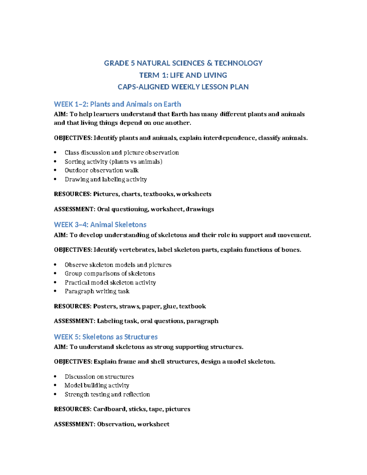 Grade 5 NST Term 1 Weekly Lesson Plan: Life & Living Activities - Studocu
