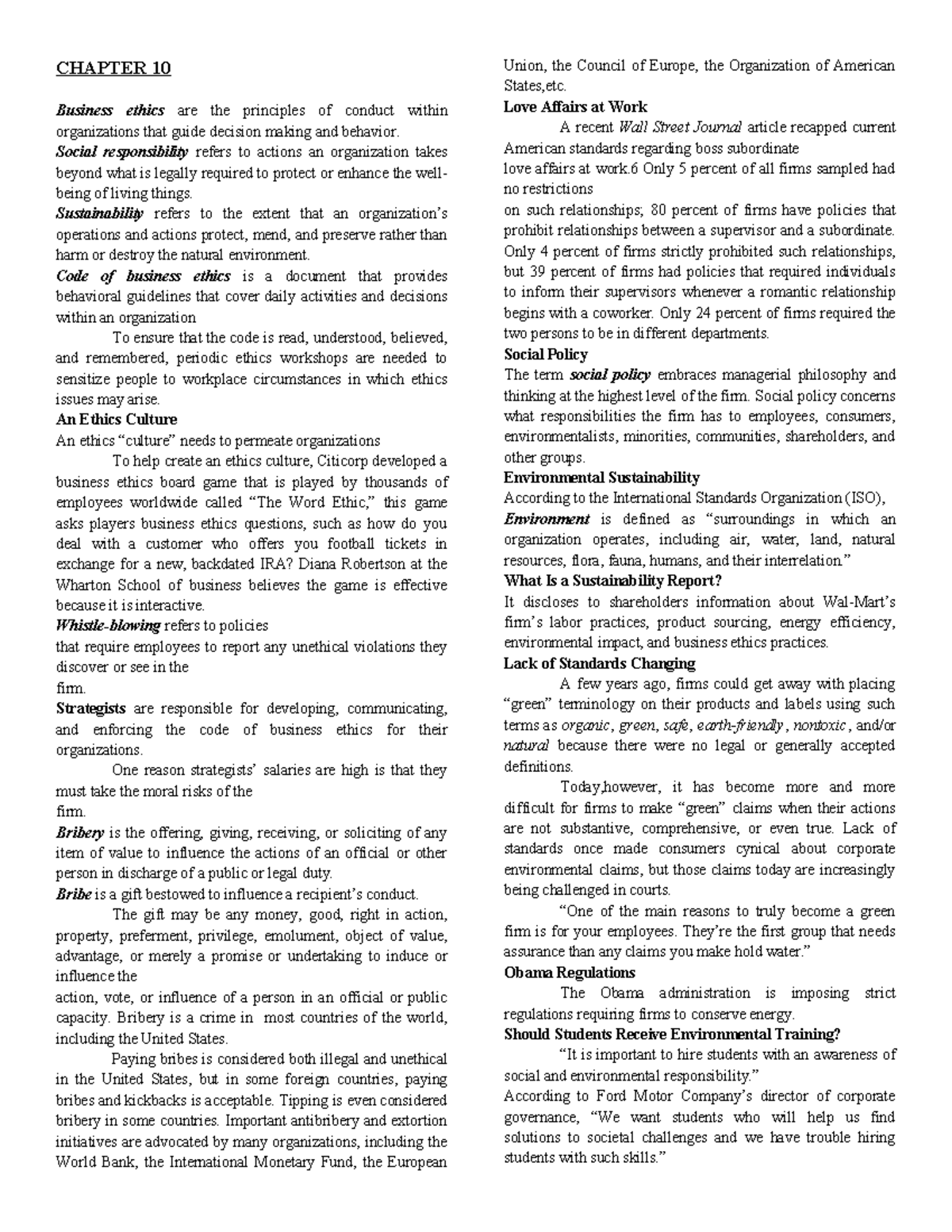 Chapter 10: Business Ethics, Social Responsibility & Sustainability ...