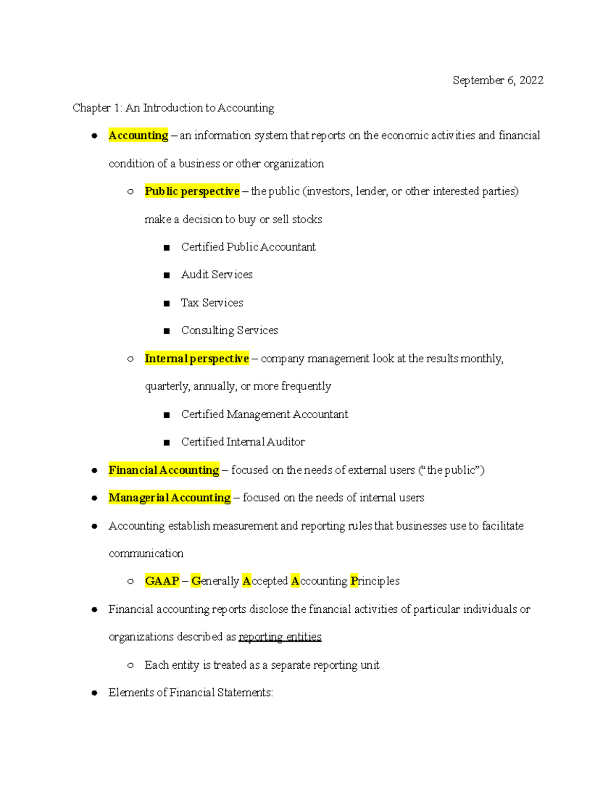 Ch. 1 Intro to Accounting - September 6, 2022 Chapter 1: An ...