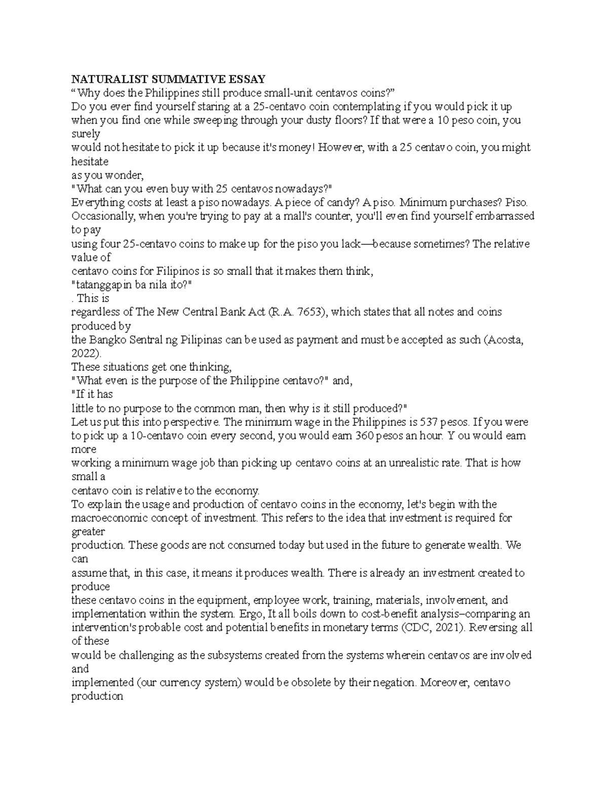 NATURALIST SUMMATIVE ESSAY: The Relevance of Centavos in the ...
