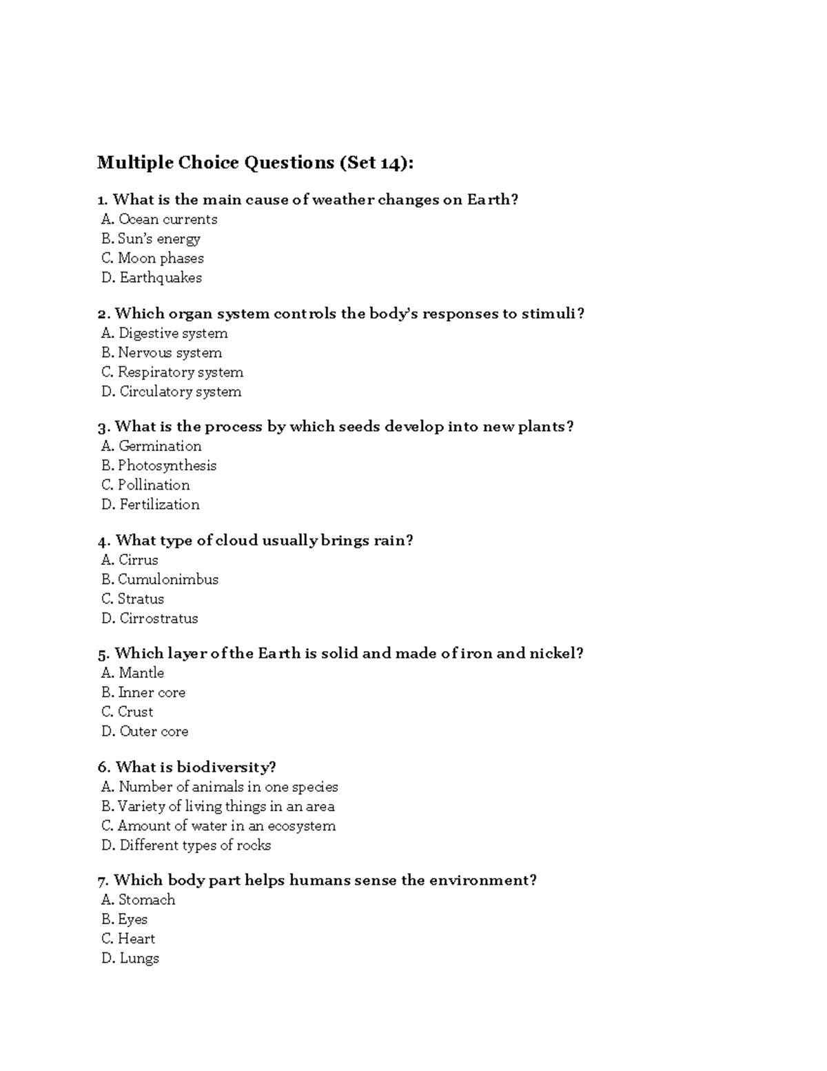 Multiple Choice Questions (Set 14) for Earth Science & Biology - Studocu