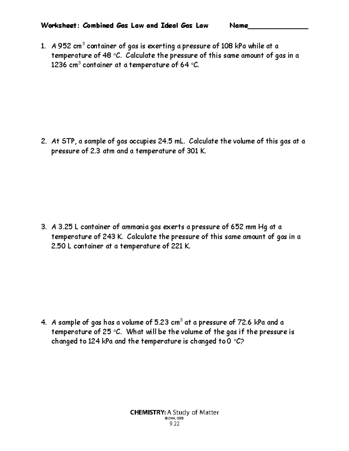 Combined Gas Law & Ideal Gas Law Worksheet for Chemistry Course ...