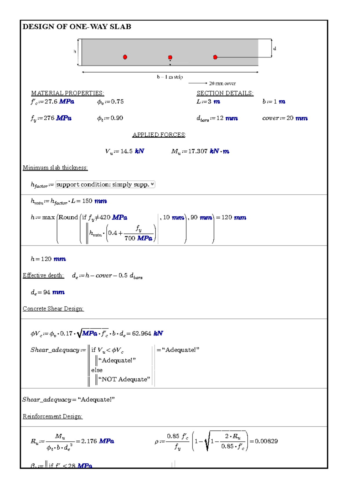 One-Way Slab Design: Material Properties & Shear Analysis - Studocu