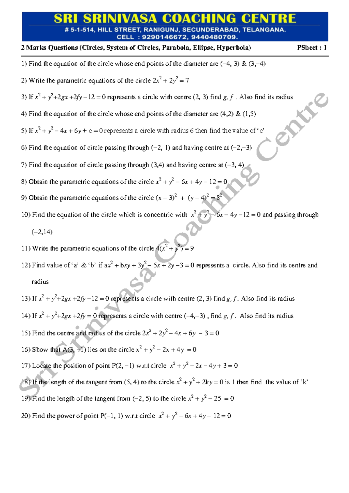 Maths 2B: 2 Marks Questions on Circles, Parabola, Ellipse, Hyperbola ...