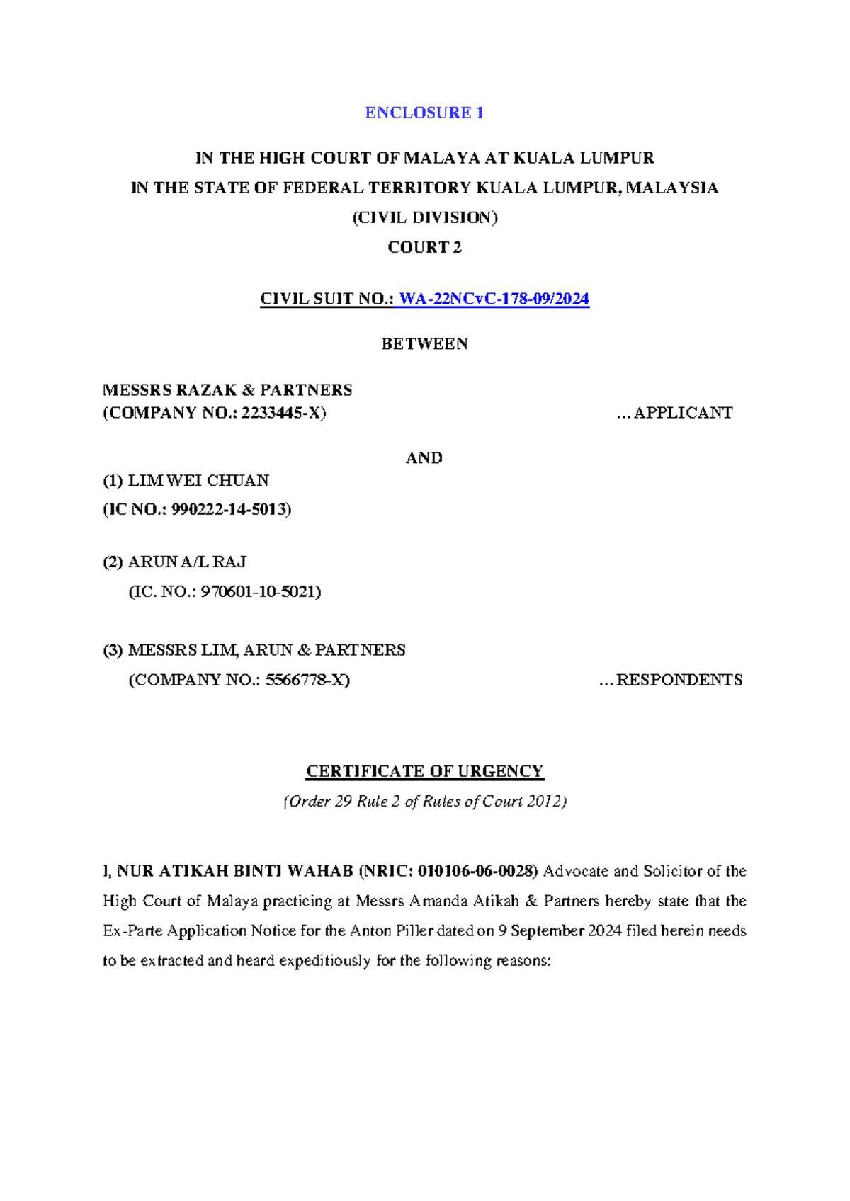Certificate of Urgency for Ex-Parte Application: Anton Piller Order ...