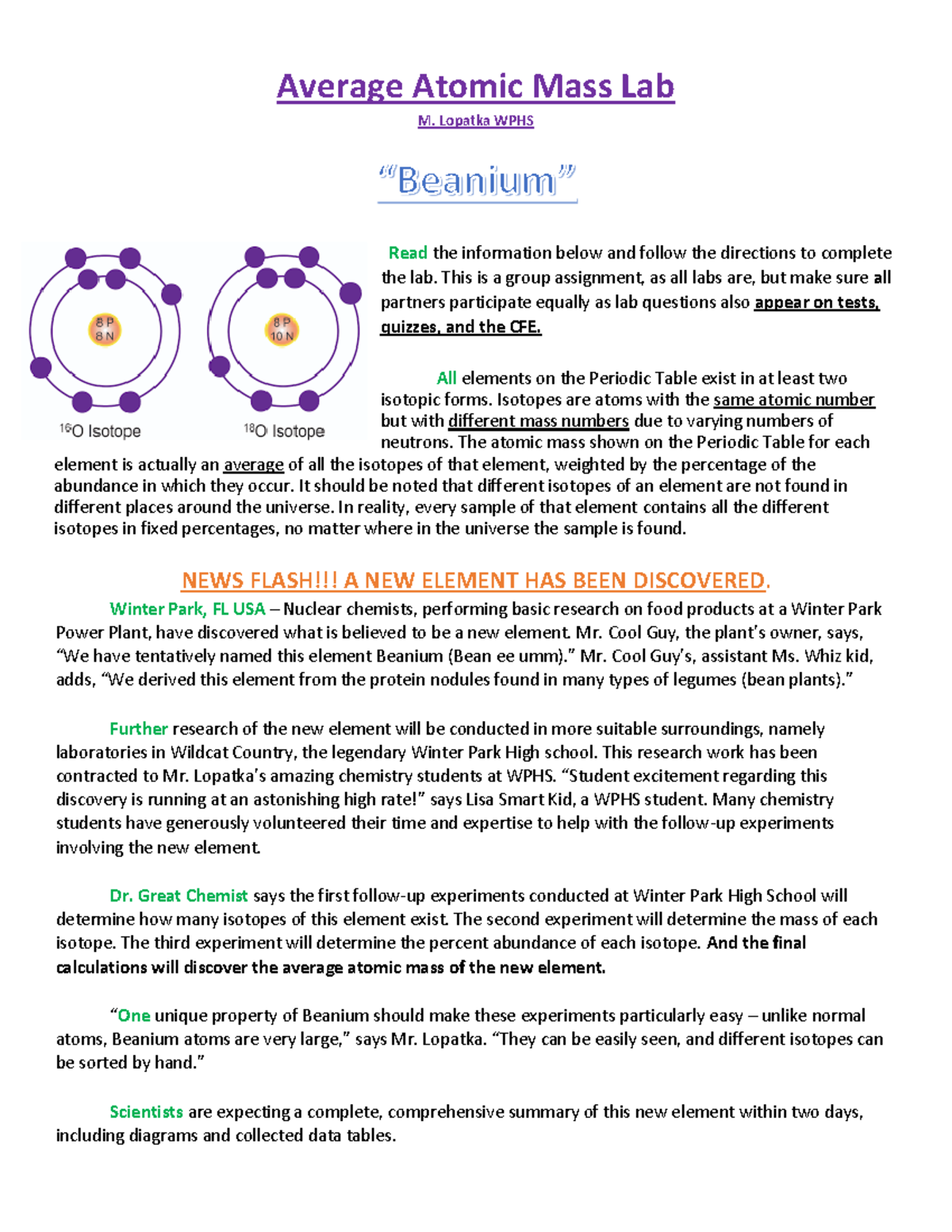 WPHS Chem Lab-1: Beanium Isotope Analysis & Average Atomic Mass - Studocu