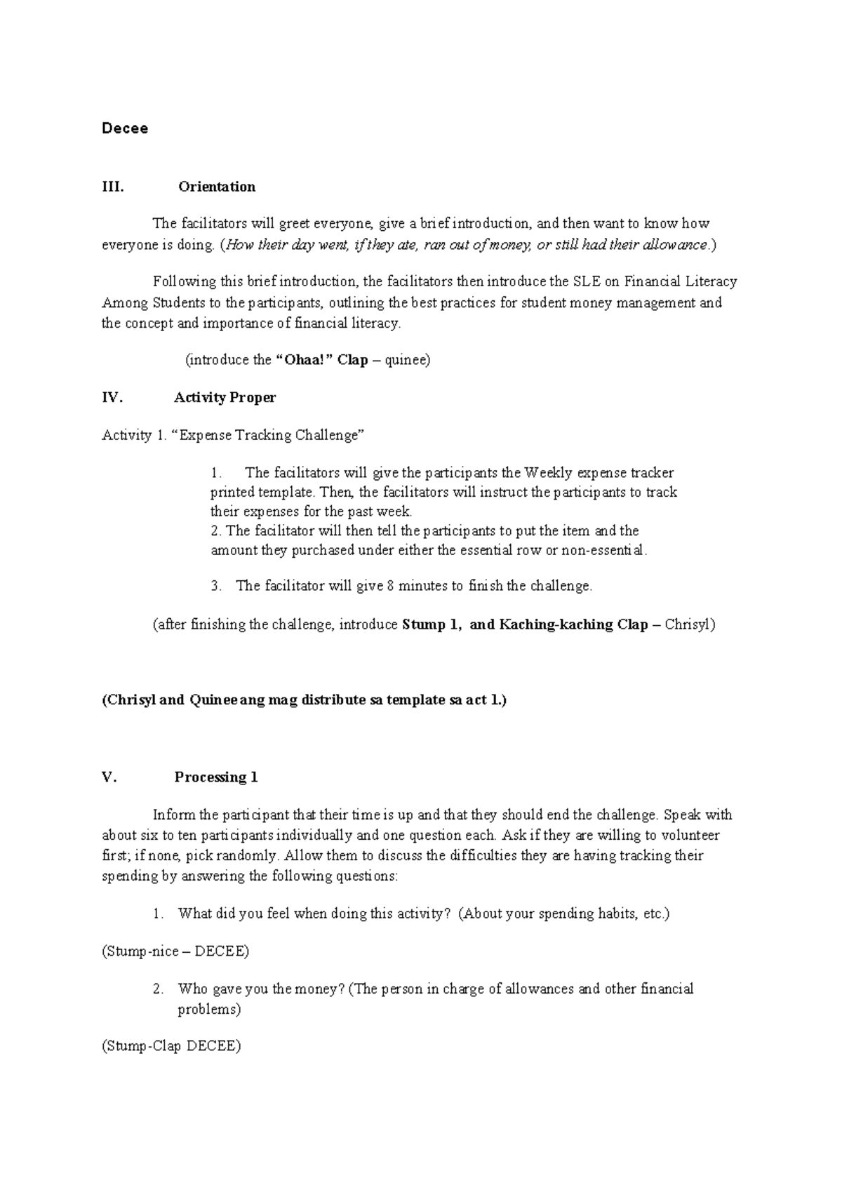 SLE Financial Literacy Workshop: Money Management Activities - Studocu