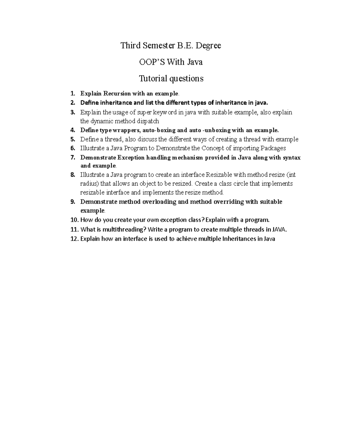 Third Semester B.E. Degree Java II Test Questions and Answers - Studocu