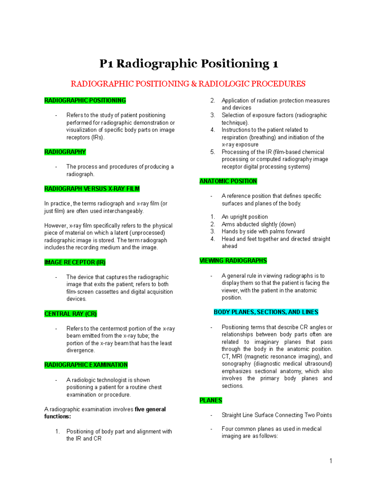 P1 RTE 015 Final Exam Notes on Radiographic Positioning Techniques ...