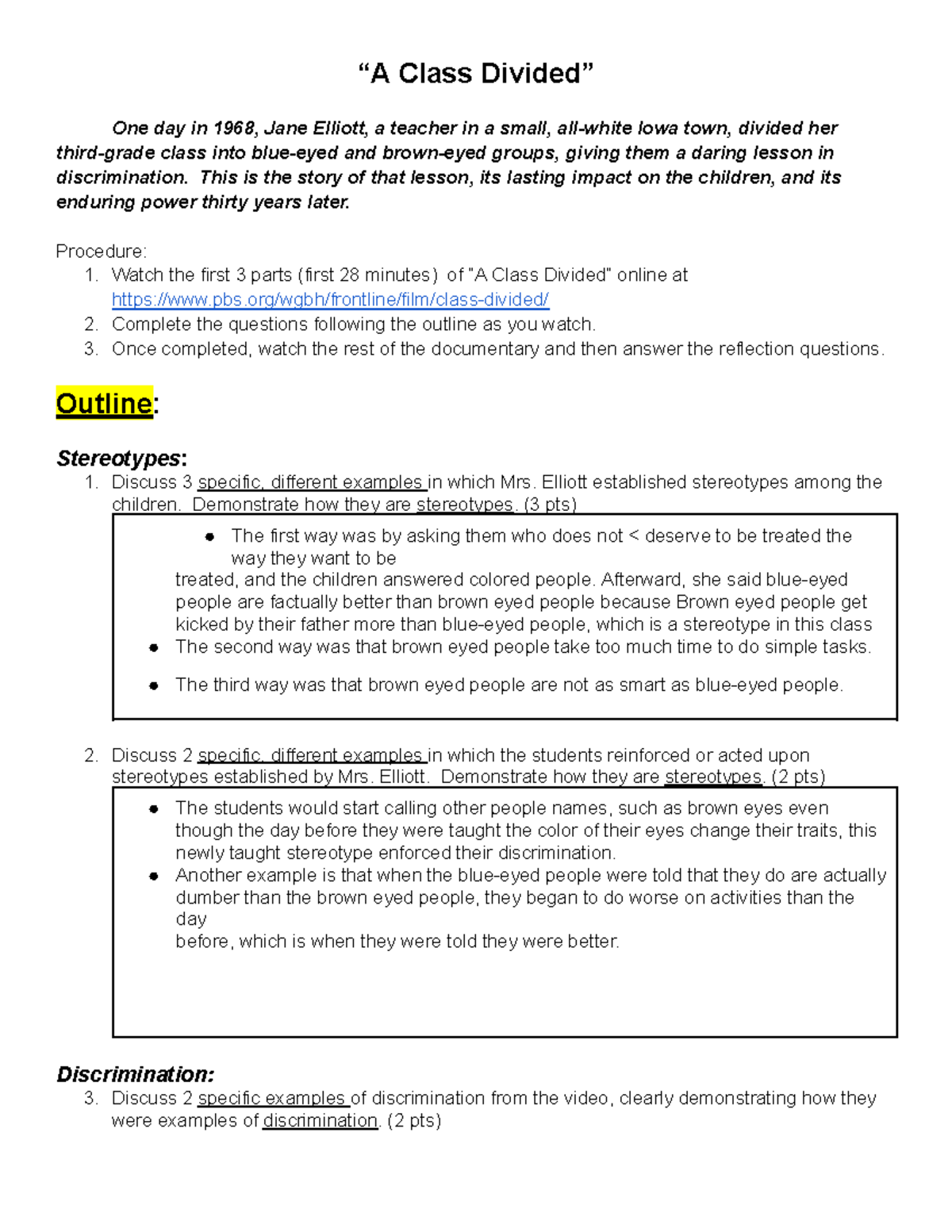 A Class Divided: Discrimination & Bias in Jane Elliott's Experiment (PSY 101) - Studocu