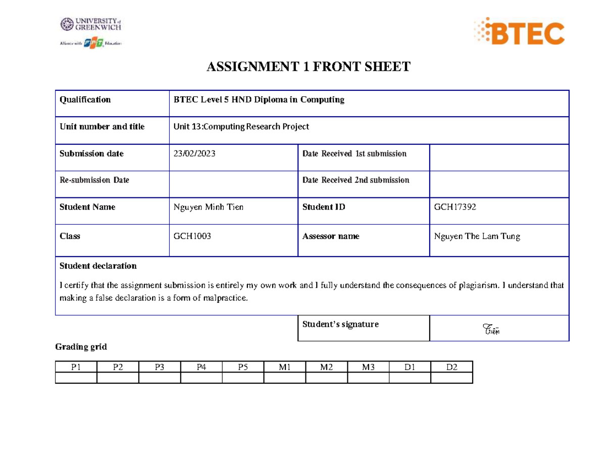 1639 - Assignment 1 - Data Structure - ASSIGNMENT 1 FRONT SHEET Qualification BTEC Level 5 HND ...