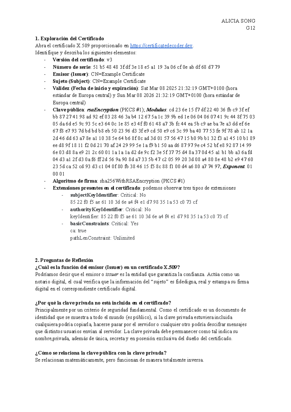 ALICIA SONG G12: Análisis del Certificado X.509 y su Función - Studocu
