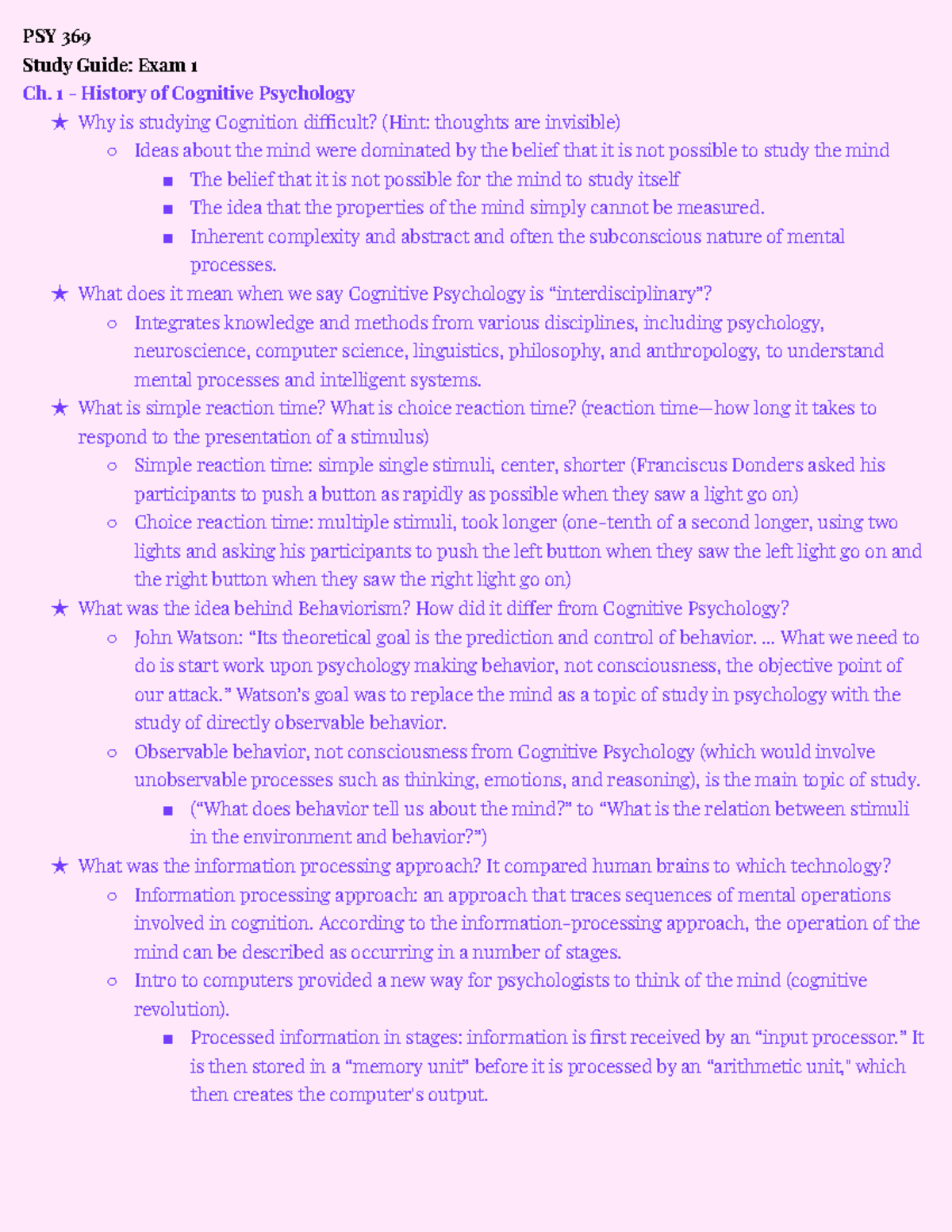 PSY 369 - Study Guide for Exam 1: Cognitive Psychology Insights - Studocu