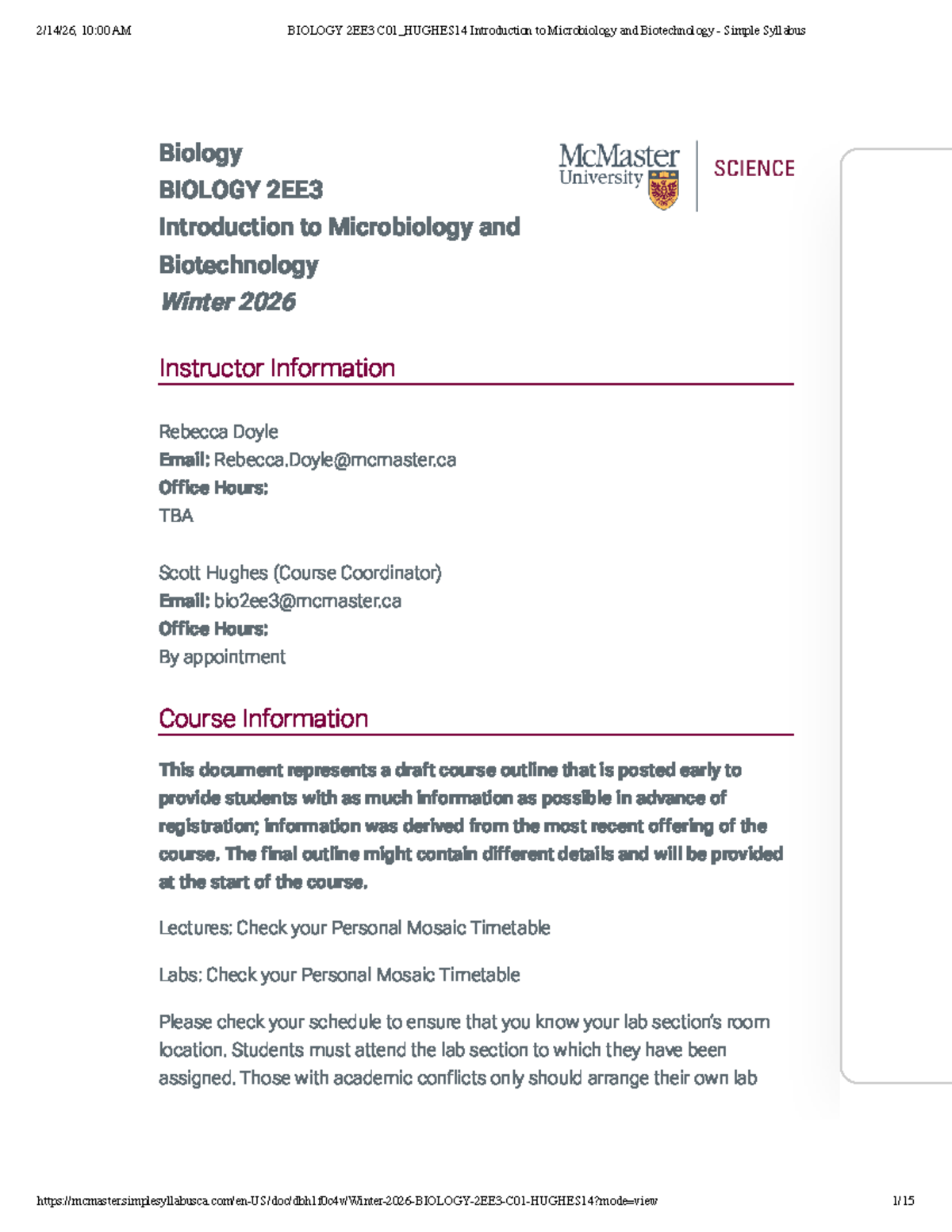 Biology 2EE3 C01 - Intro to Microbiology & Biotechnology Syllabus - Studocu