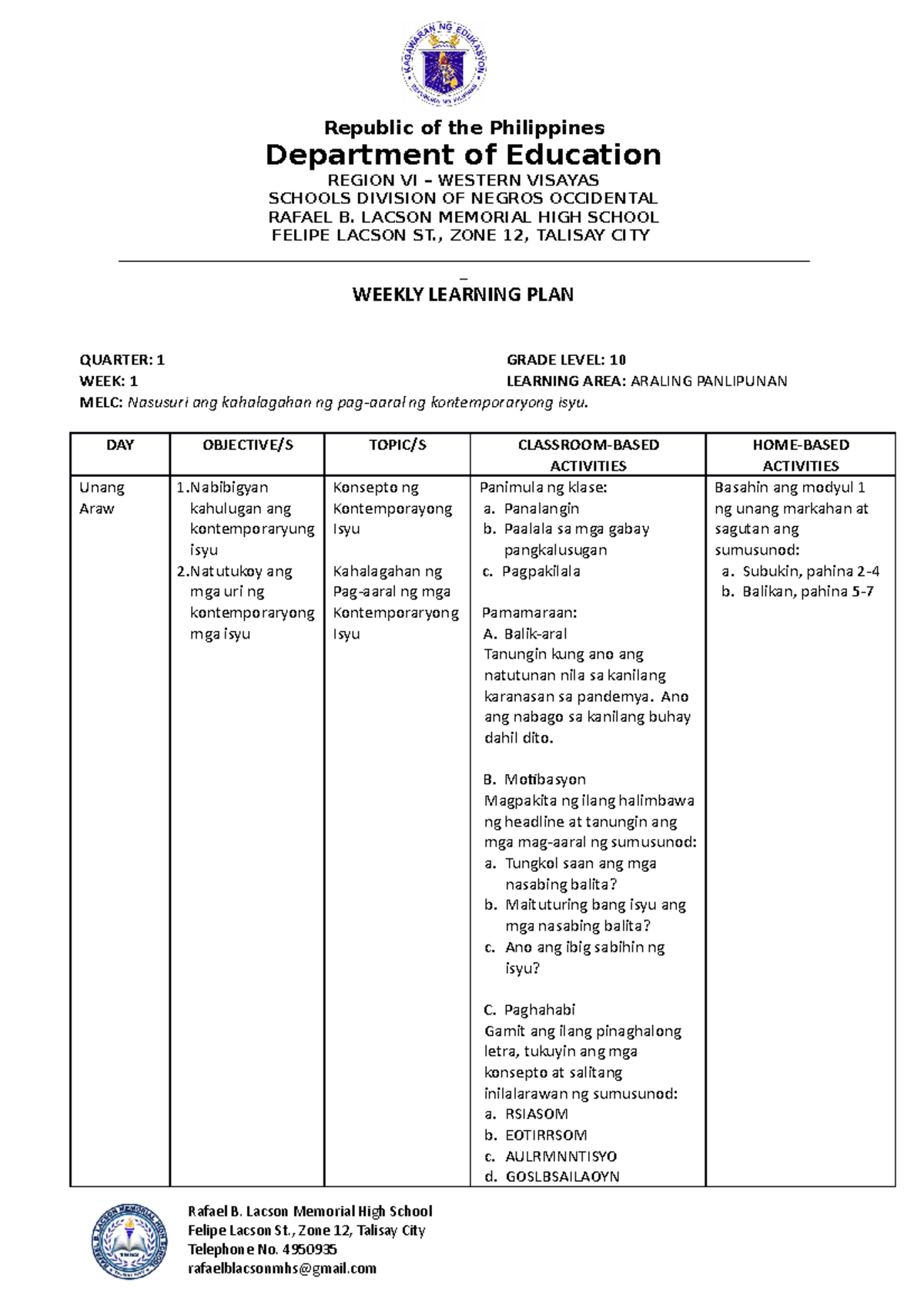 AP10 - WEEKLY HOME LEARNING PLAN - Republic of the Philippines ...