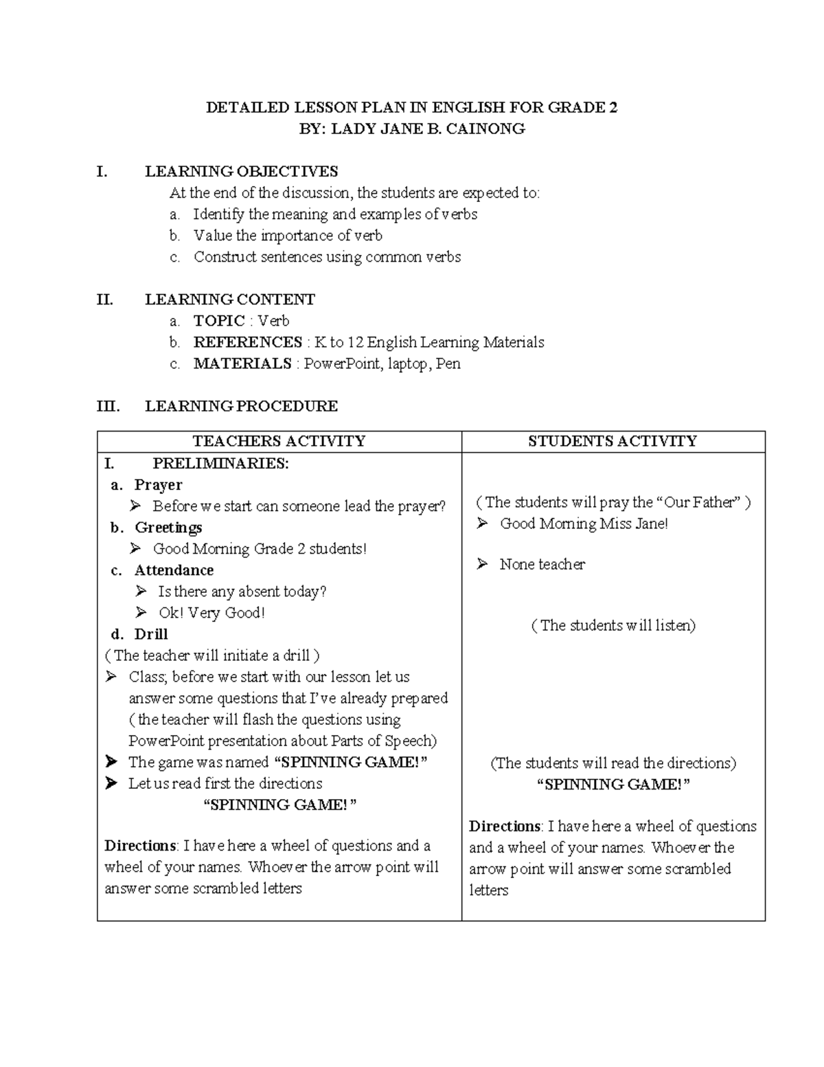 Detailed Lesson Plan in English for Grade 2: Understanding Verbs - Studocu