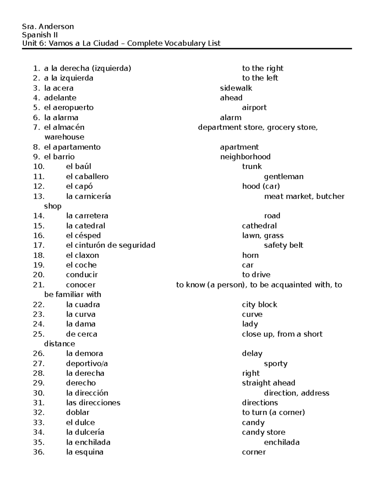 Spanish II (SRA 102) Unit 6: Vamos a La Ciudad Vocabulary List - Studocu