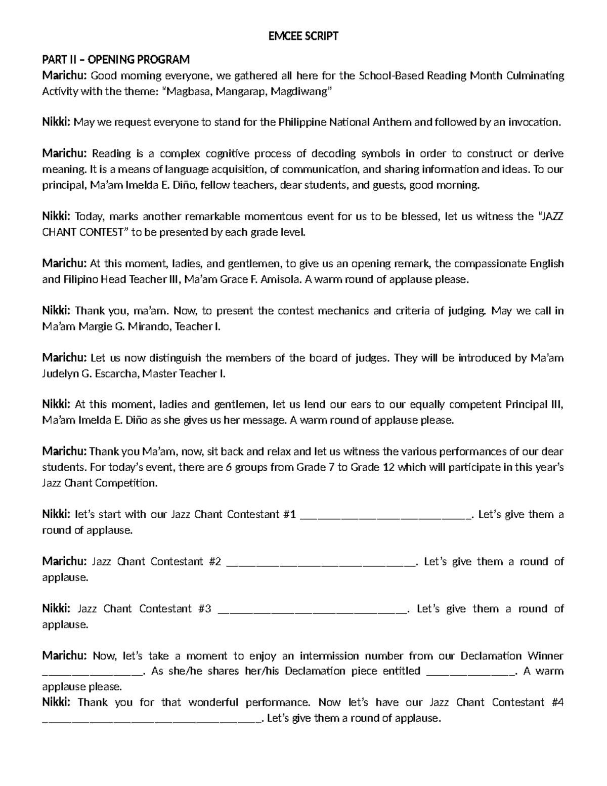 Emcee Script for School-Based Reading Month Culminating Activity - Studocu