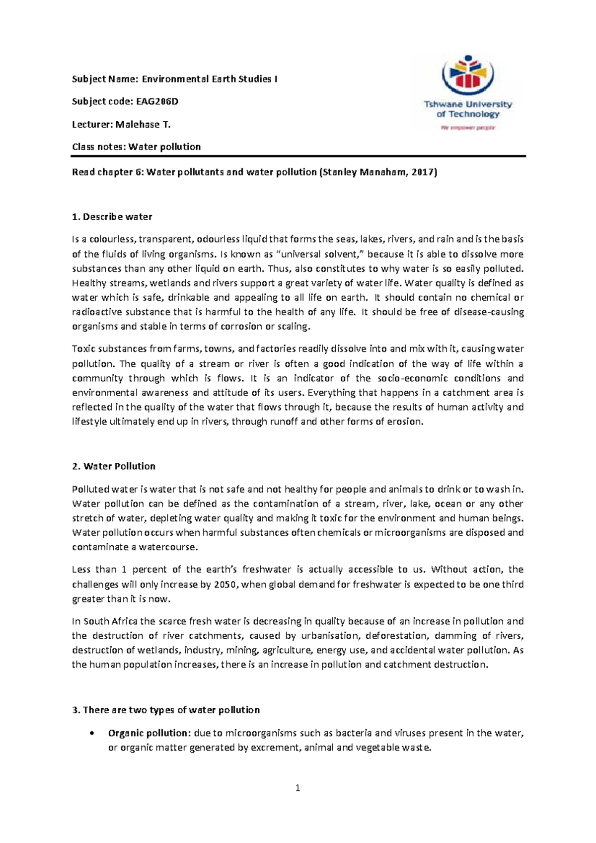EAG206D: Water Pollution Notes - Environmental Earth Studies I - Studocu