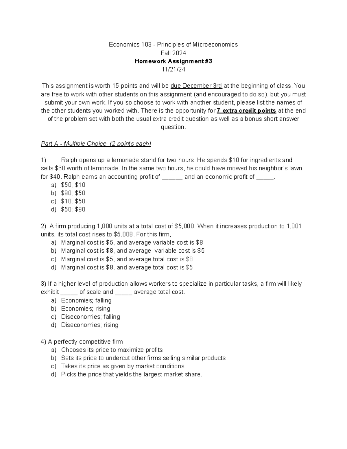 Econ 103 - Principles of Microeconomics Fall 2024 Homework Assignment #3 - Studocu