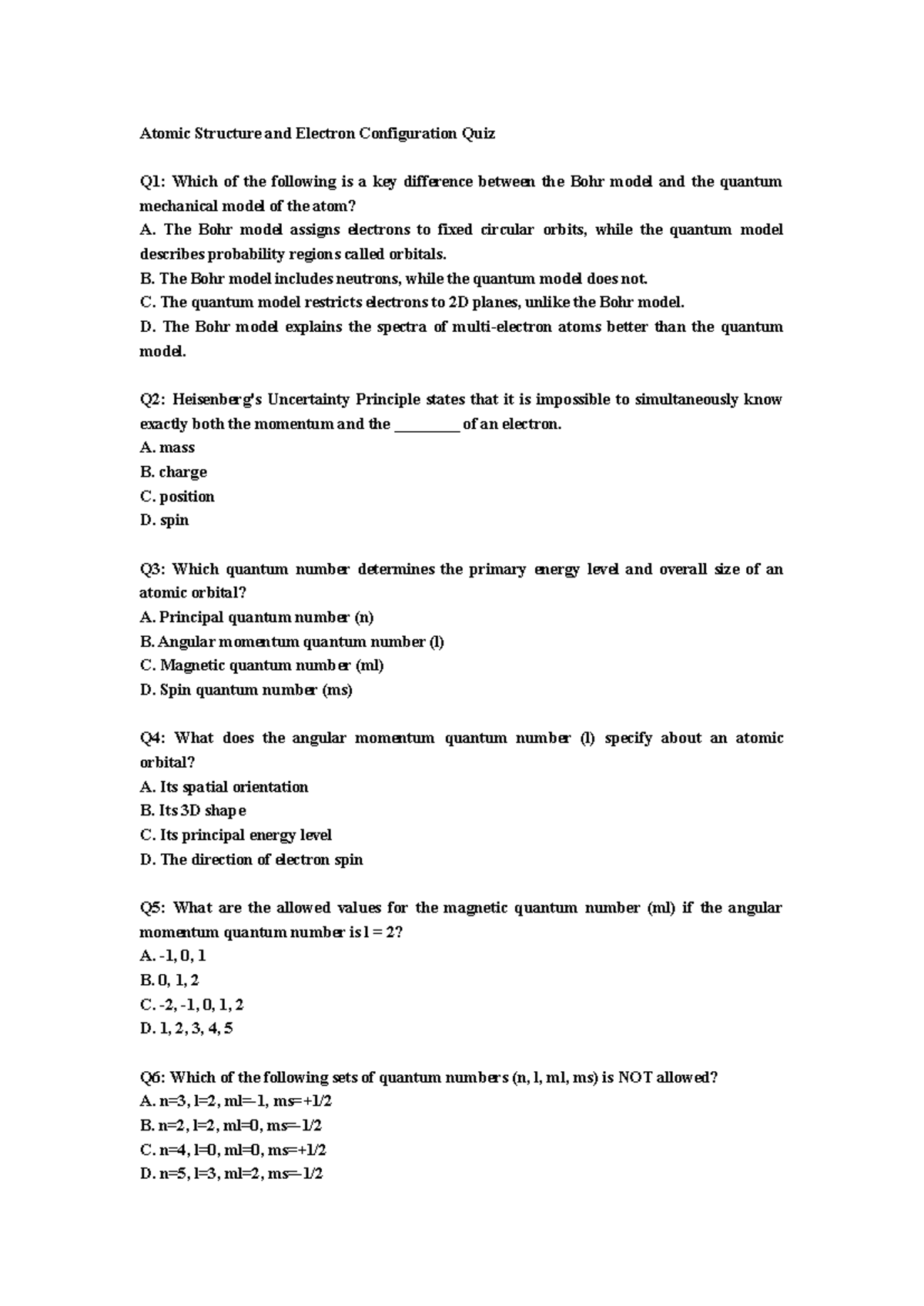 1.1 Atomic Structure & Electron Configuration Quiz - Studocu