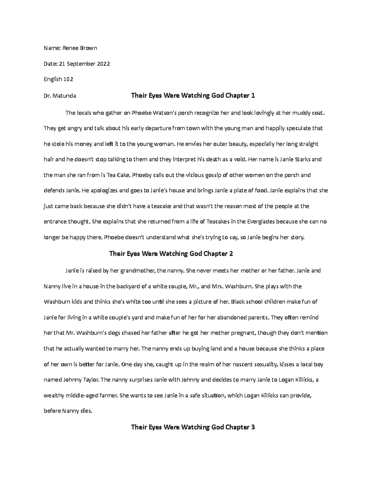 Their Eyes Were Watching God Chapter 1-5 - Name: Renee Brown Date: 21 ...