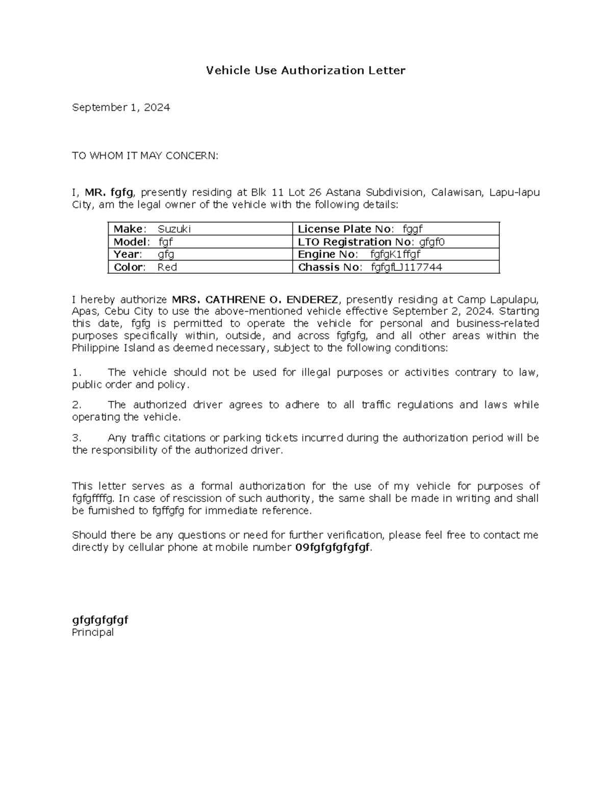 Vehicle Use Authorization Letter for MRS. CATHRENE O. ENDEREZ - Studocu