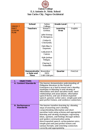 Sample Lesson Plan template for beginning teacher based on DO 42 s ...