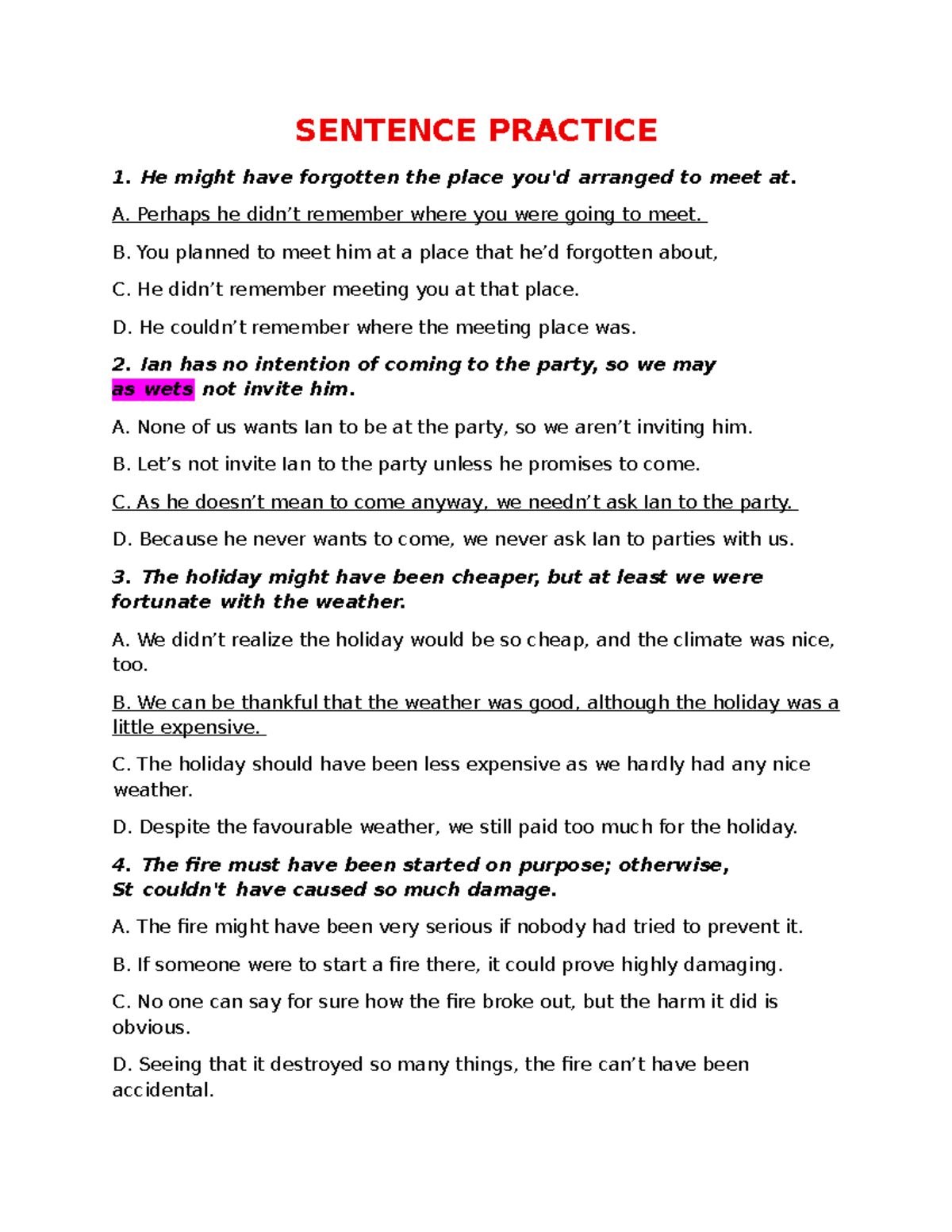Sentence Practice - English Language Exercises - Studocu